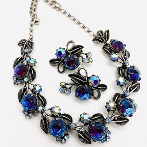 FLORENZA Blue Purple Vitrail Rhinestone Necklace Earrings Signed ...