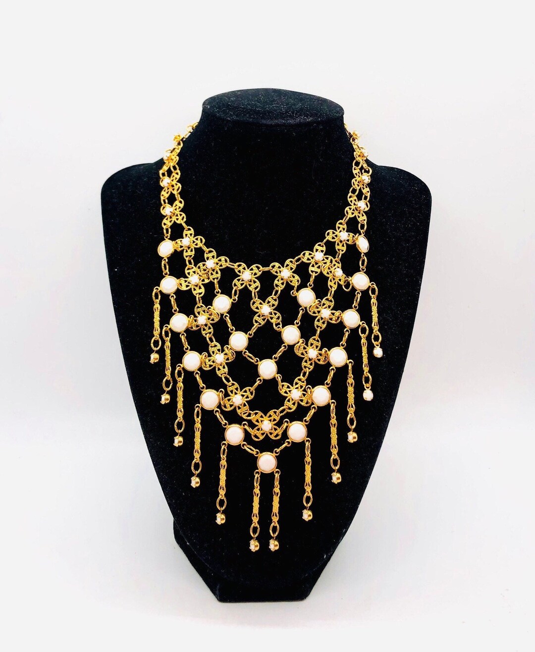 Ornate Filigree & Bezel Set White Rhinestone Bib Necklace Vintage ...