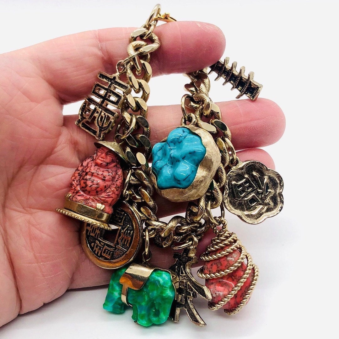 Chunky Asian Themed Charm Bracelet Art Glass Buddha Statement Vintage ...