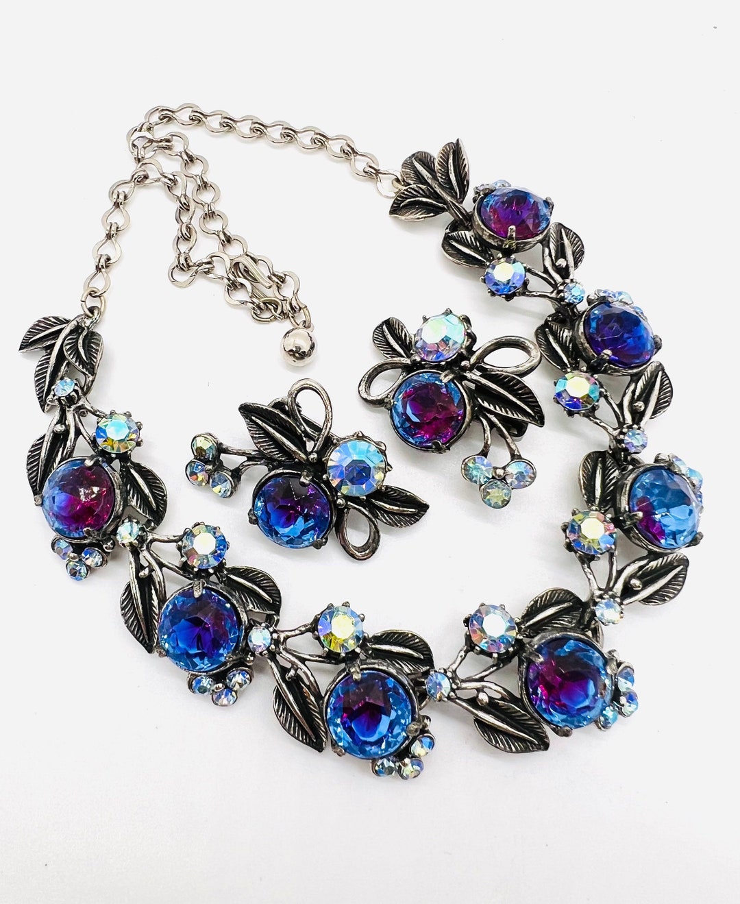 FLORENZA Blue Purple Vitrail Rhinestone Necklace Earrings Signed ...