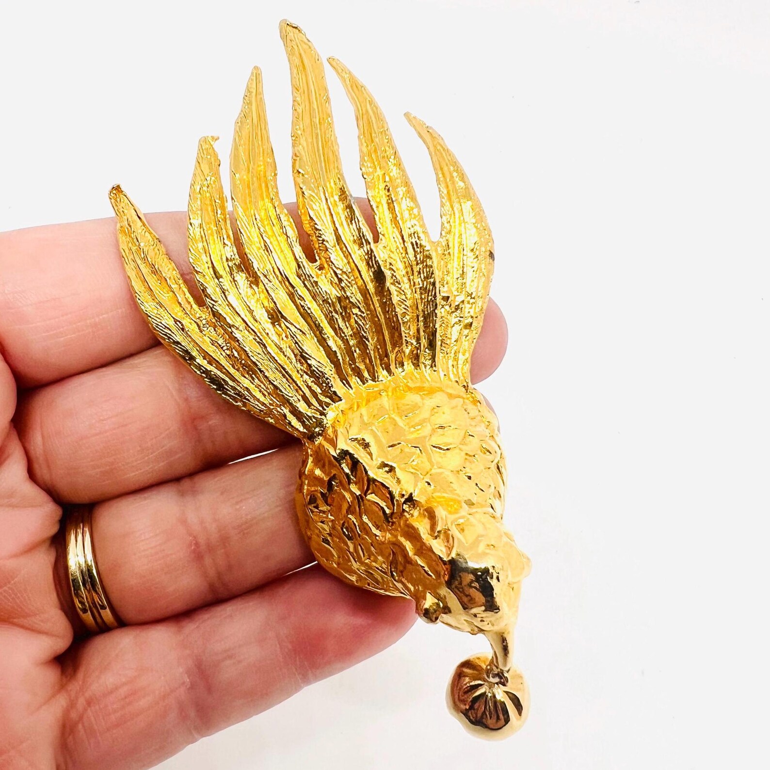 Large Inverted Gold Tone Bird W/ Dangling Berry Brooch 4 Inch Vintage ...