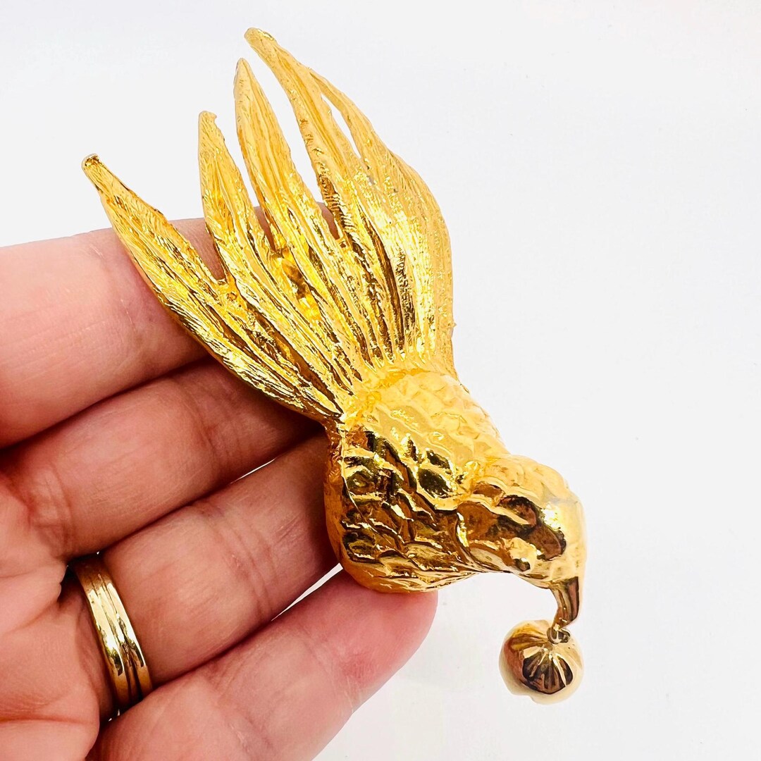 Large Inverted Gold Tone Bird W/ Dangling Berry Brooch 4 Inch Vintage ...