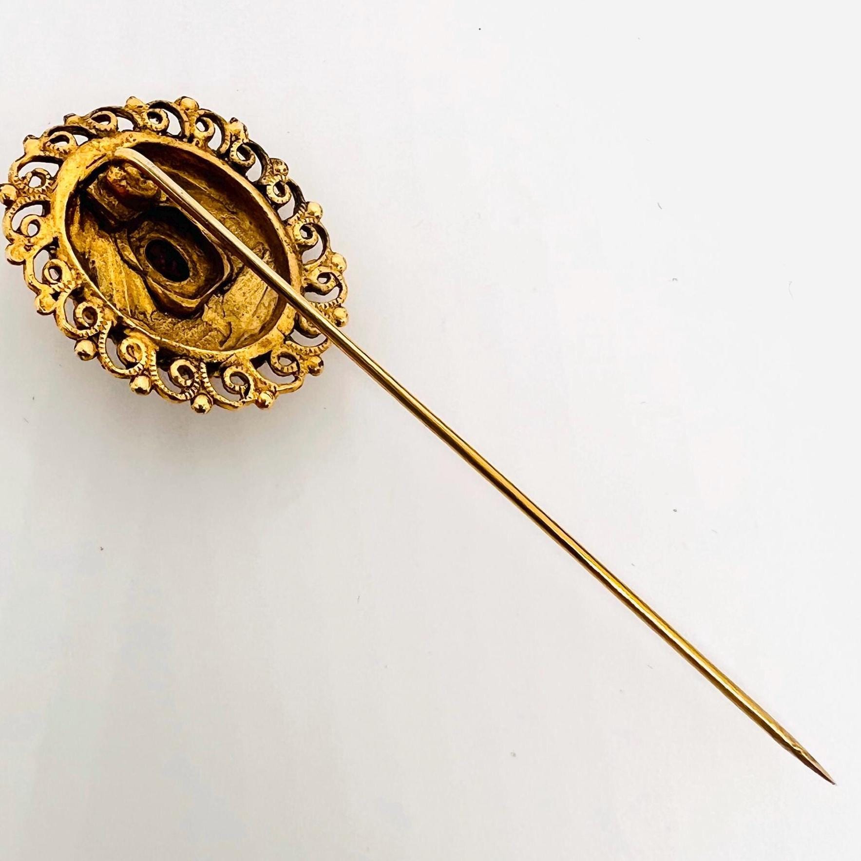 Large Ruby Red Glass Cabochon & Faux Pearl Filigree Stick Pin Vintage ...