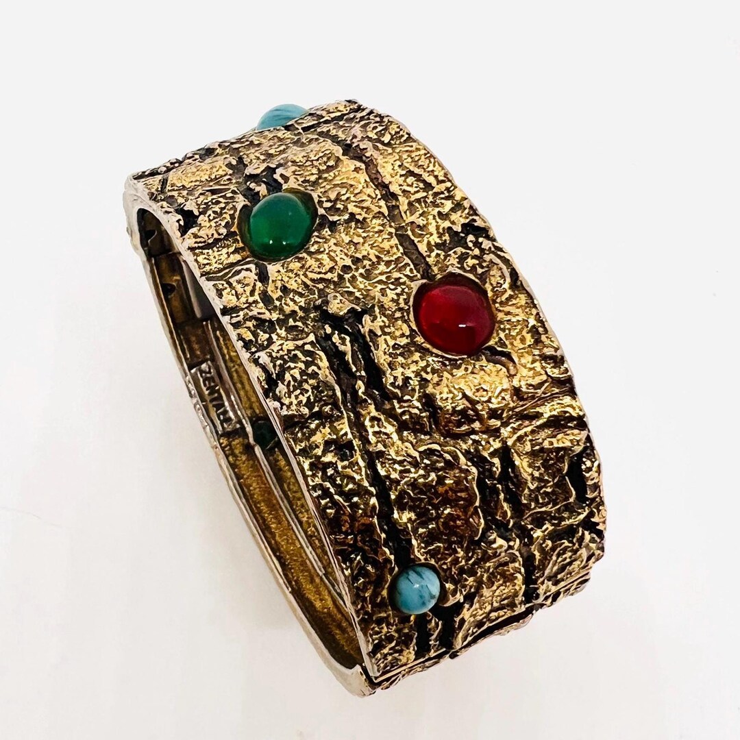 Wide ZENTALL Burnt Gold Plated Jeweled Bangle Bracelet Signed Vintage ...