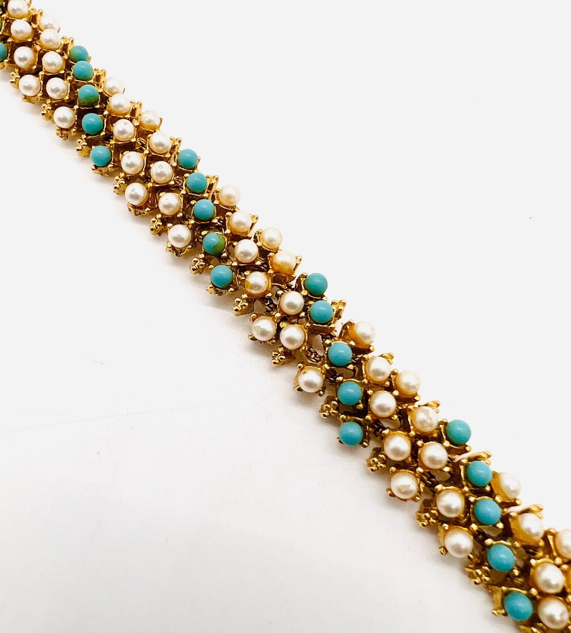 ART Arthur Pepper Faux Turquoise & Pearl Beaded Bracelet Signed Vintage ...