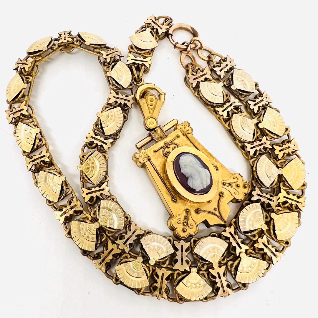 Large Victorian Gold Filled Book Chain Cameo Locket 70g Necklace ...
