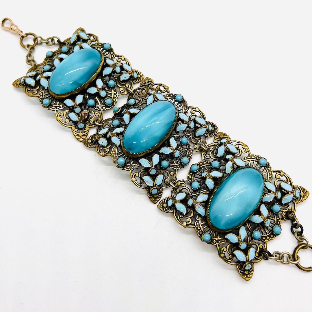 Wide NEIGER Bros Czech Blue Spun Glass & Enamel Bracelet Vintage ...