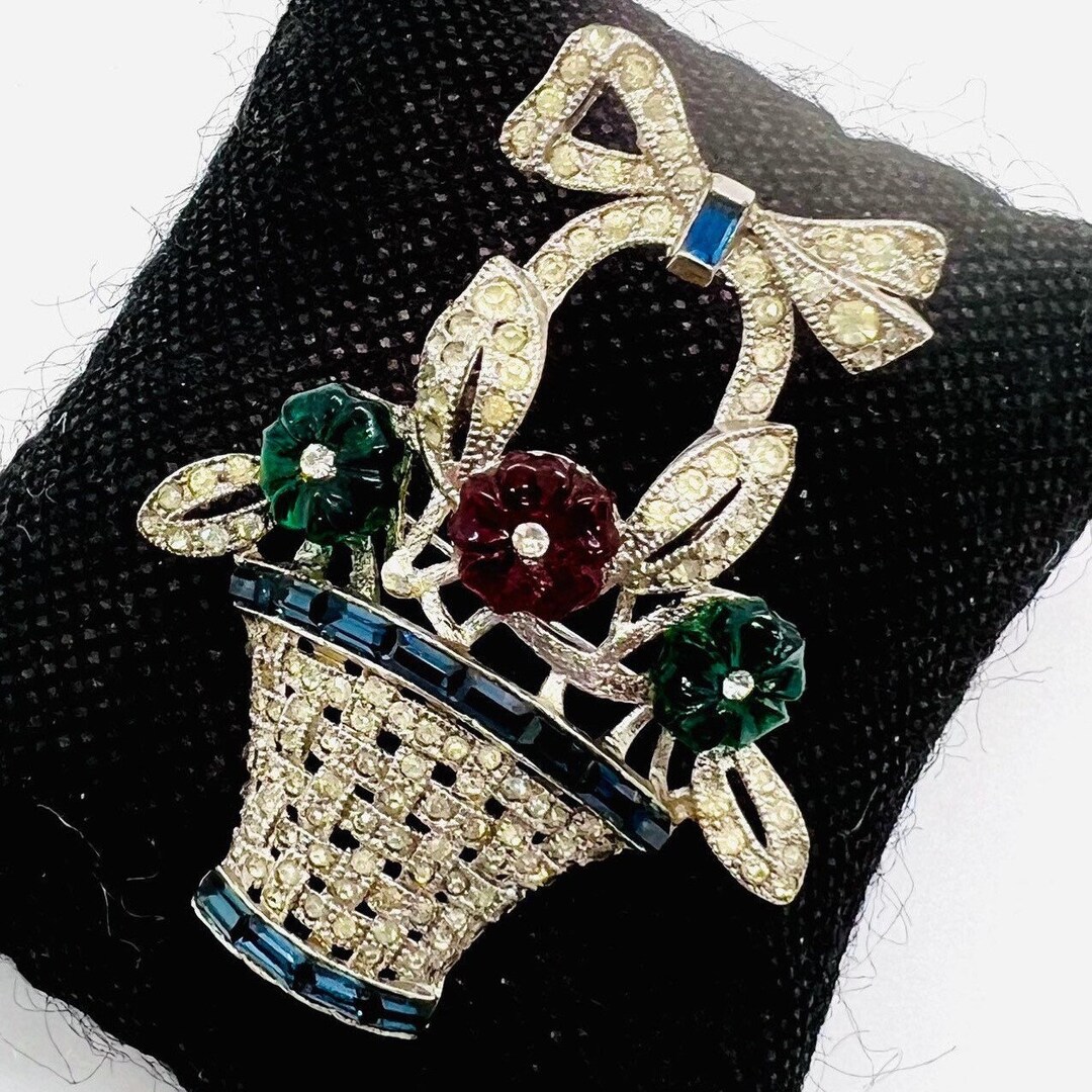 Fruit Salad & Rhinestone Flower Basket Brooch Trifari ? Mazer? Vintage ...