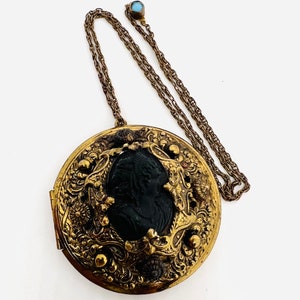 Enormous Victorian Revival Black Glass Cameo Locket Necklace Vintage ...