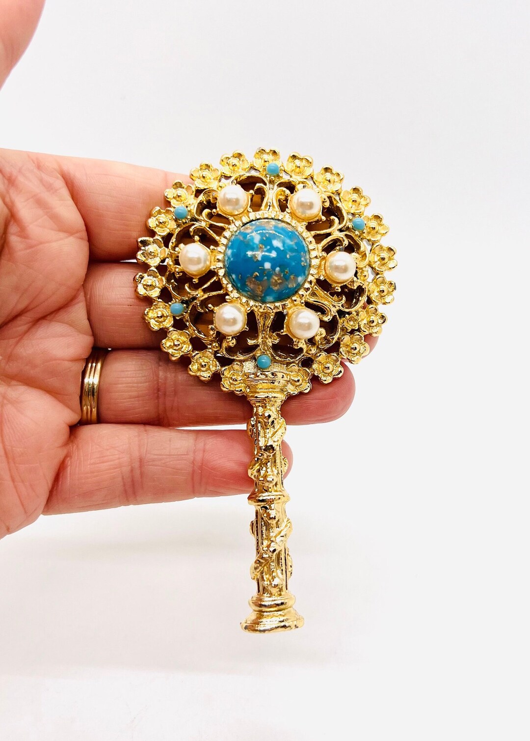 Vintage Sam Fink SF Ornate Faux Turquoise & Pearls Hand Mirror 4 Inch ...