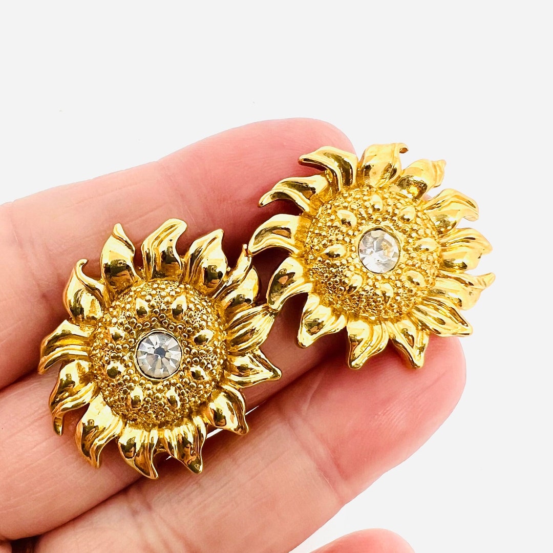Large Gold Tone Sunflower & Clear Rhinestone Earrings Posts Vintage ...