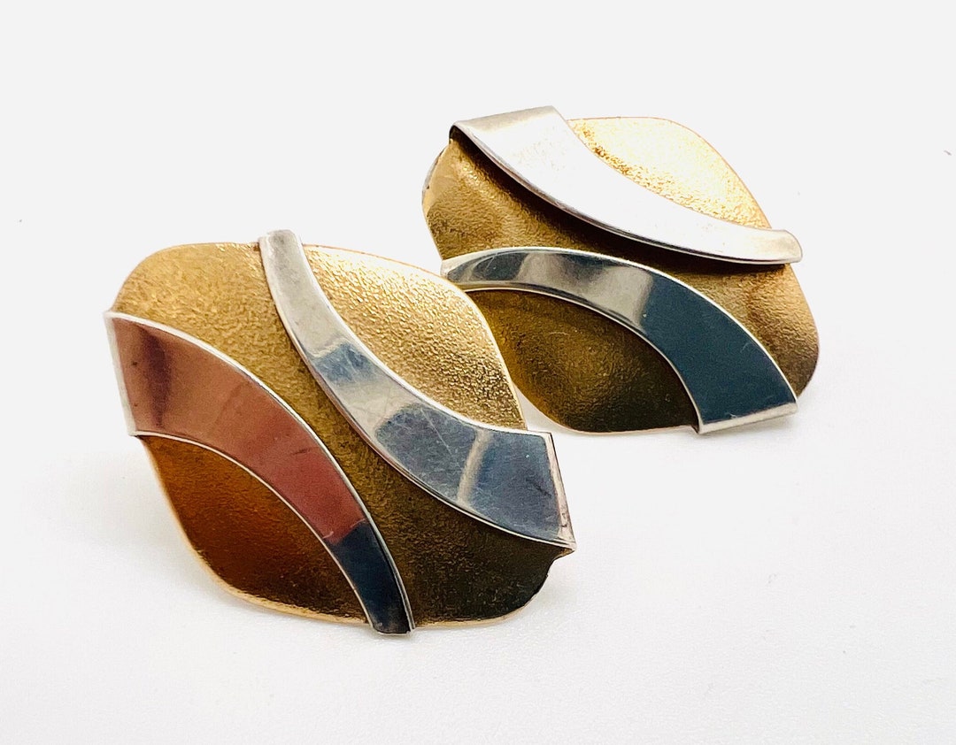 ED LEVIN 14k Gold & Sterling Silver Modernist Abstract Earrings Mid ...