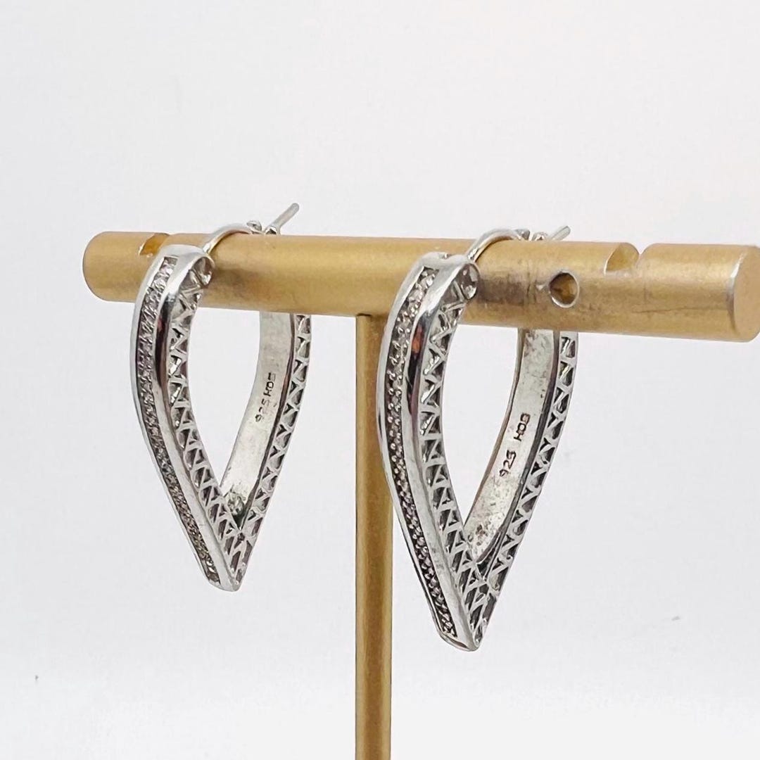 HOB Sterling Silver & Diamond “V” Hoop Earrings 11.7gm Signed Gemstone ...