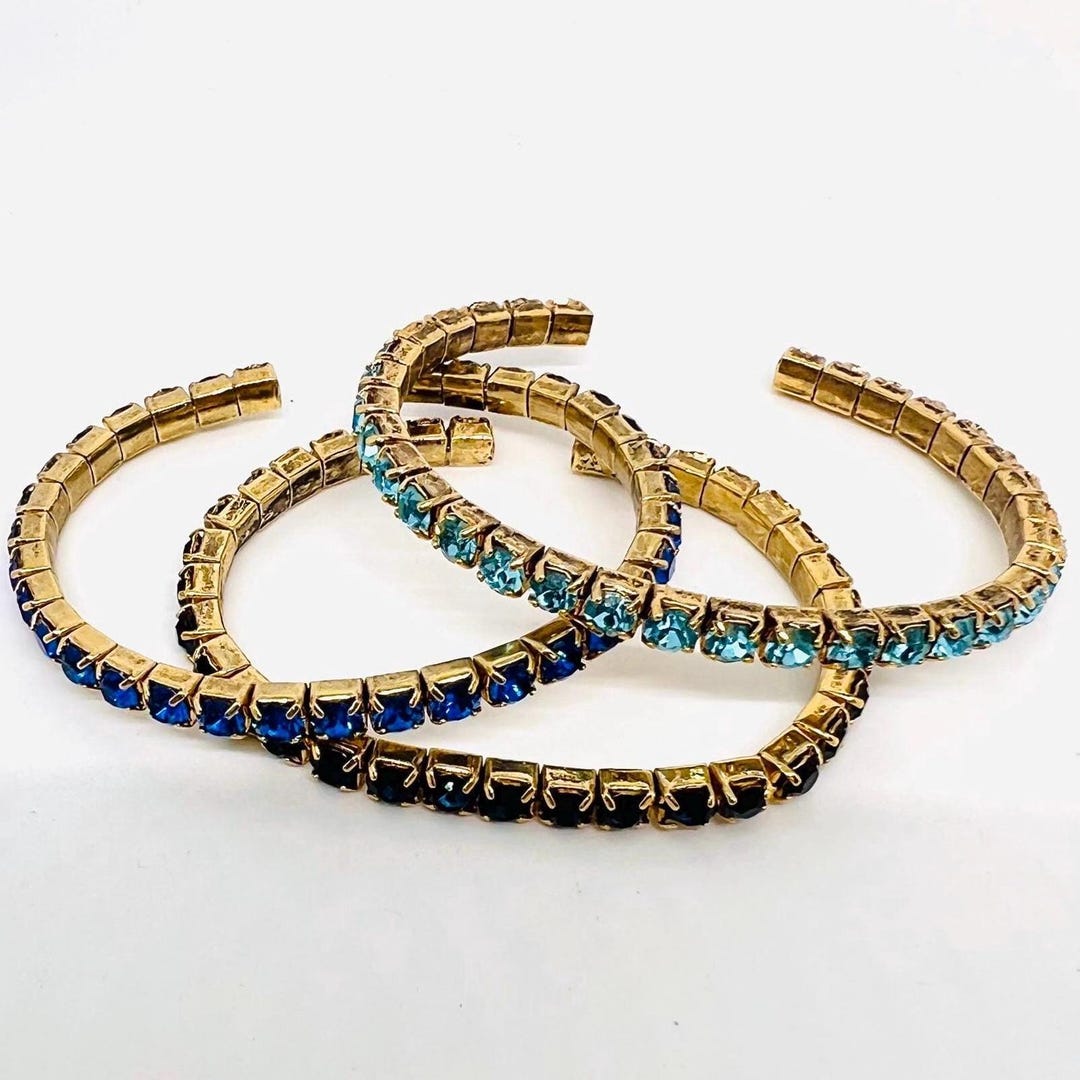Lot of 3 Shades of Blue Rhinestone Stack Cuff Bracelets Vintage Jewelry ...