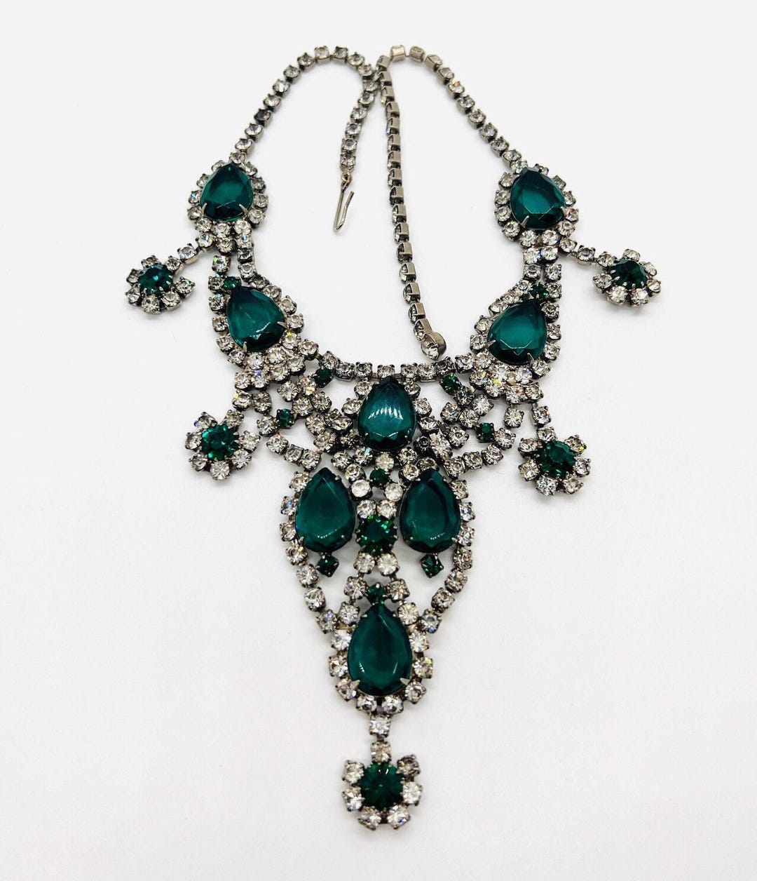 Large DOMINIQUE Detora? Jewel Tone Emerald Green & Clear Rhinestone Bib ...