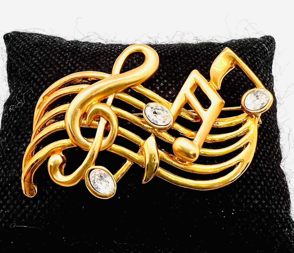 Stylized Musical Notes Clef & Clear Rhinestone Figural Brooch Vintage ...