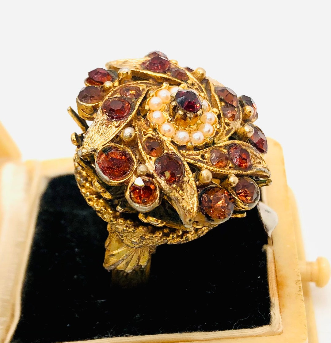 FLORENZA Large Topaz Rhinestone Crown Ring Faux Pearls Signed Vintage ...