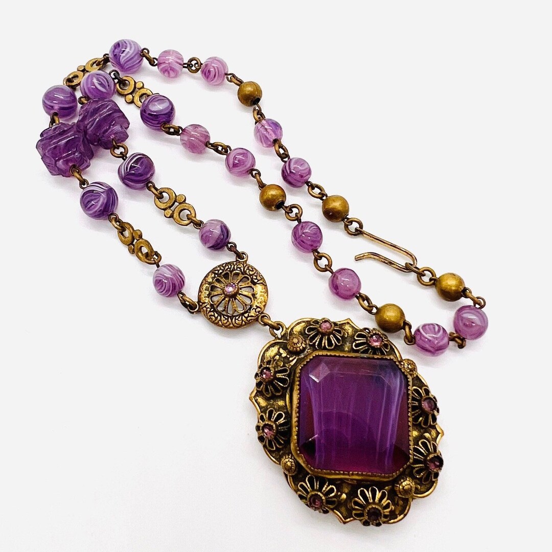 WEST GERMANY Purple Slag Glass Beaded Necklace Ornate Signed Vintage ...