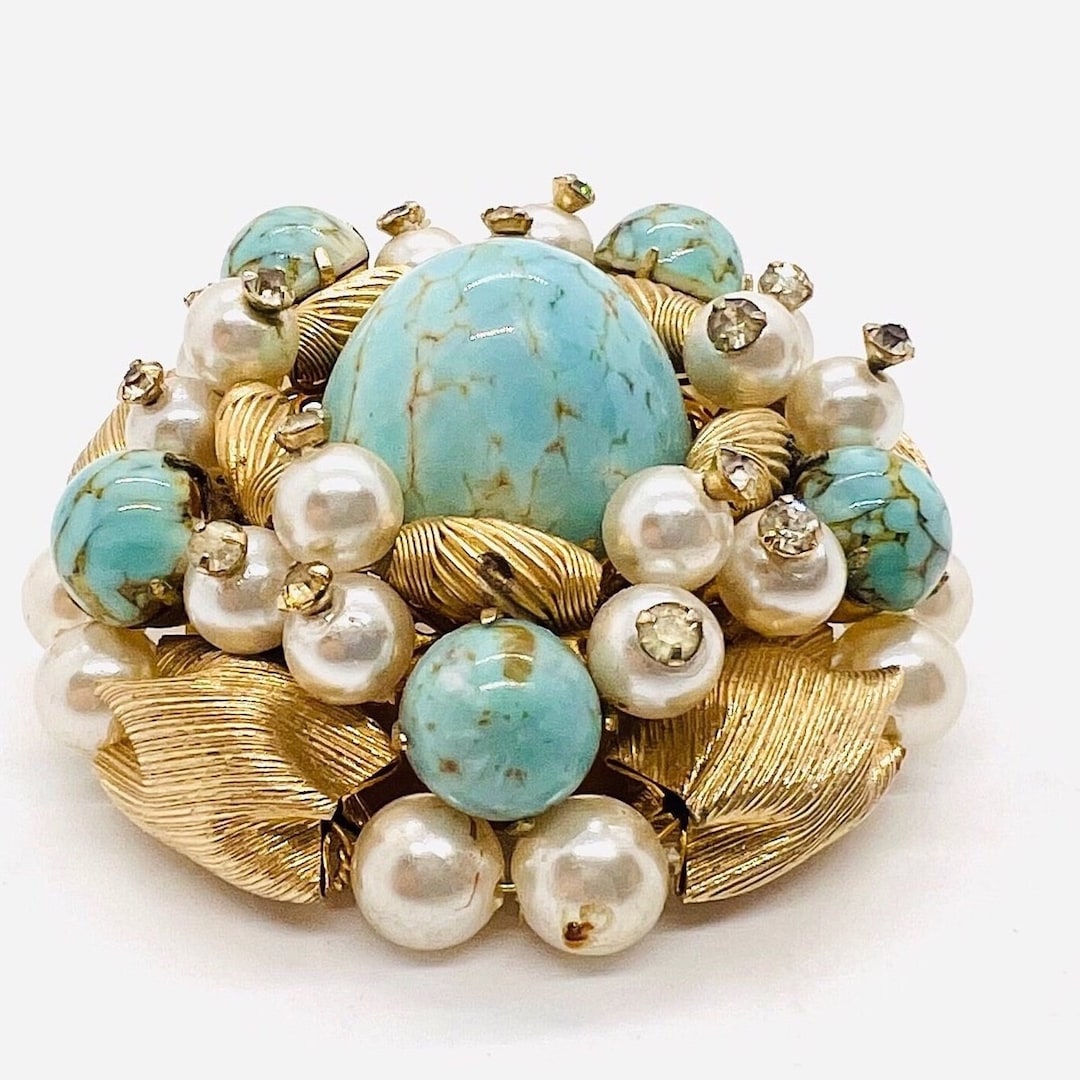VENDOME Czech Hubbell Glass & Faux Pearl Brooch Signed Vintage Designer ...