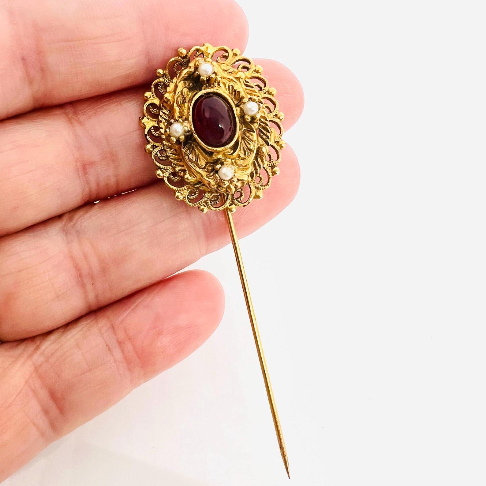 Large Ruby Red Glass Cabochon & Faux Pearl Filigree Stick Pin Vintage ...