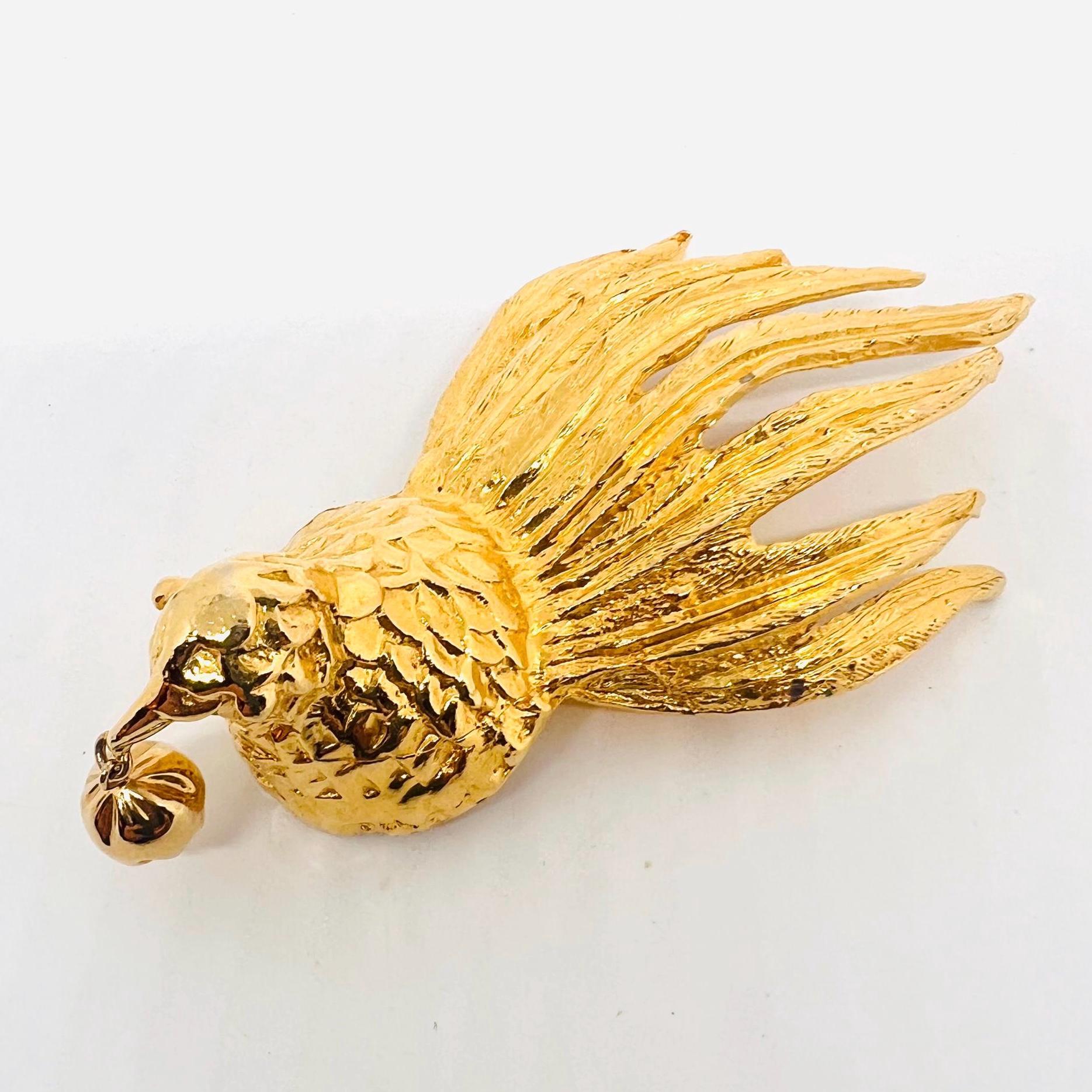 Large Inverted Gold Tone Bird W/ Dangling Berry Brooch 4 Inch Vintage ...