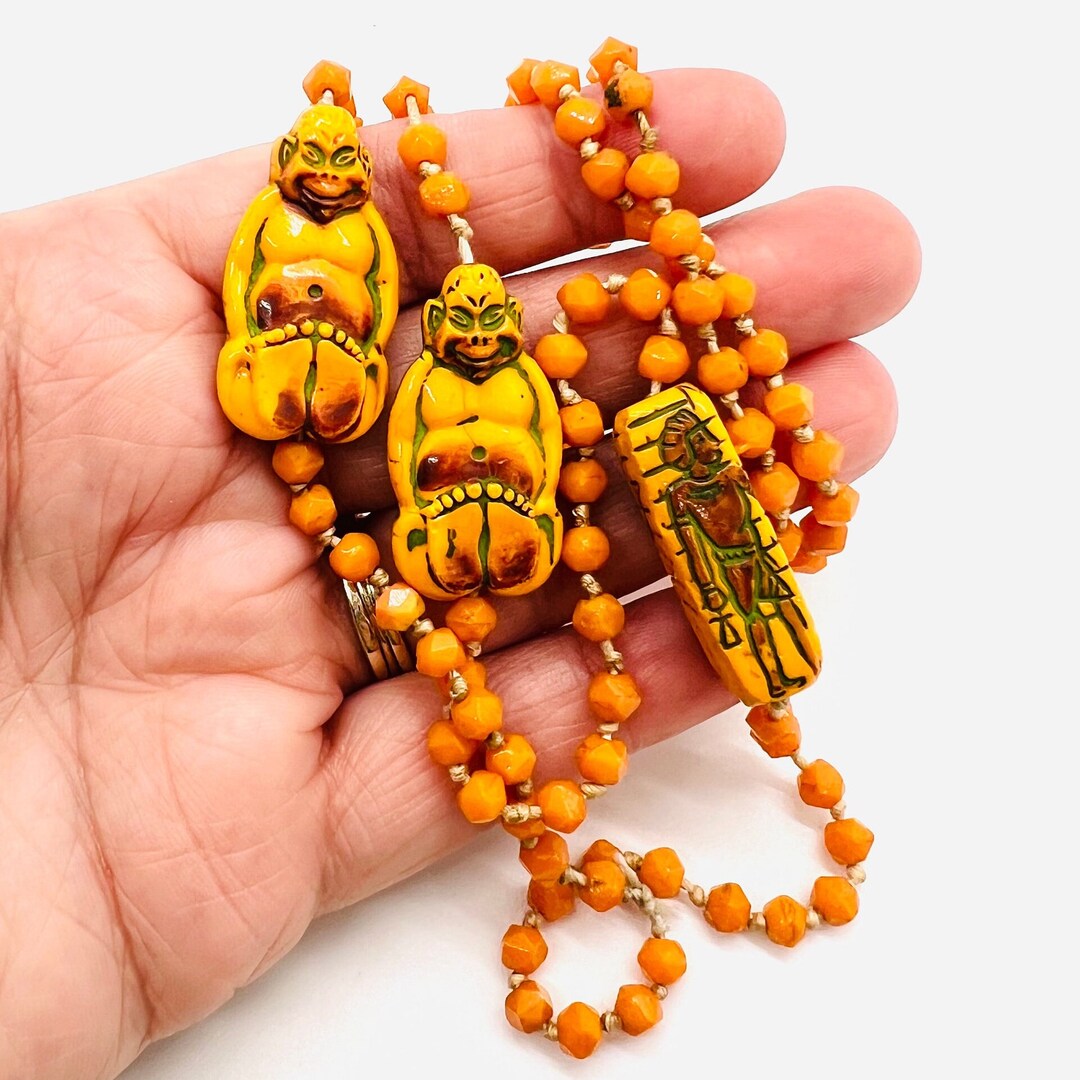 NEIGER Bros.rare BILLIKENS & Egyptian Revival Orange Beaded Necklace ...
