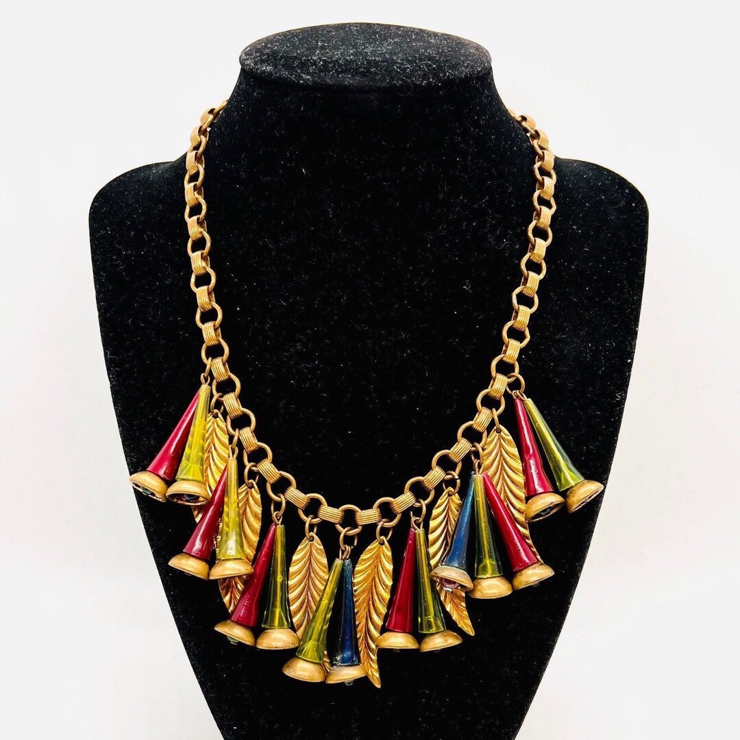 Early Miriam HASKELL Unusual Bell Tubes & Leaves Bib Necklace Vintage ...