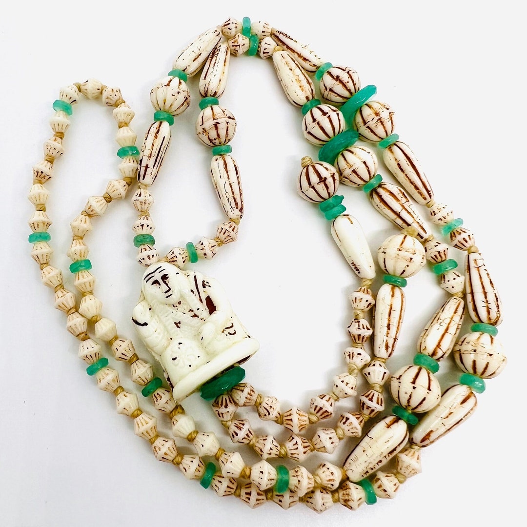 NEIGER BROS Czech Uranium Glass Egyptian Revival Necklace 26in Art Deco ...