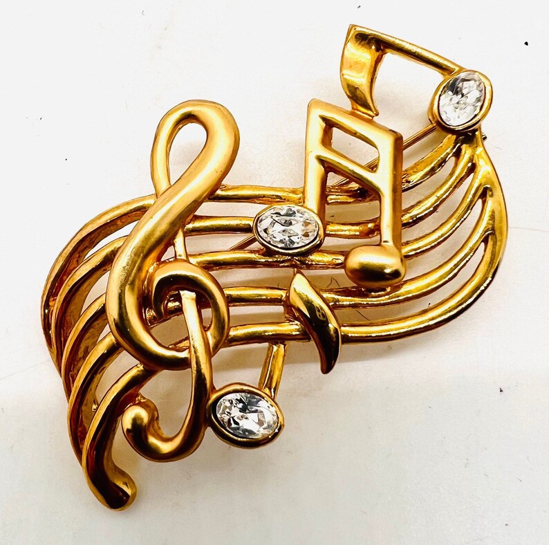 Stylized Musical Notes Clef & Clear Rhinestone Figural Brooch Vintage ...