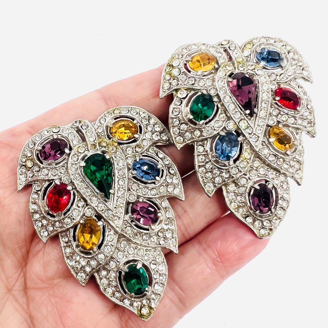 Vintage Art Deco Rhinestone Dress Clips: Jewel Tone Leaf Design - Etsy