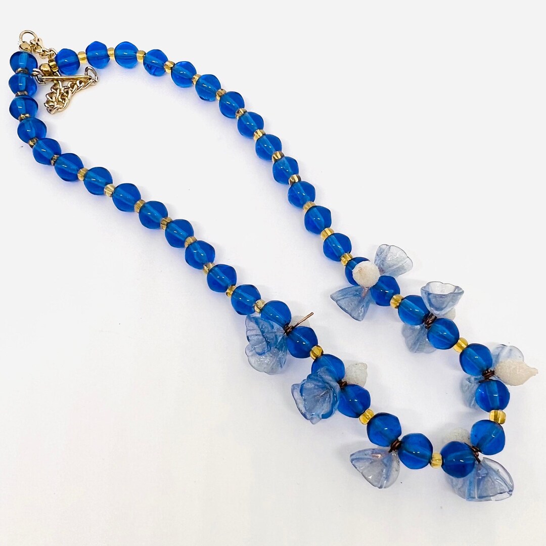 Royal Blue Bellflower Glass Beaded Murano Necklace Fruits Vintage ...