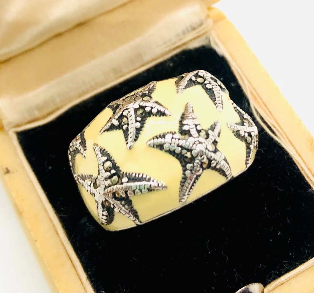 Sterling Silver Enameled Starfish Dome Ring 9gm Size 5 1/2 Fine Vintage ...