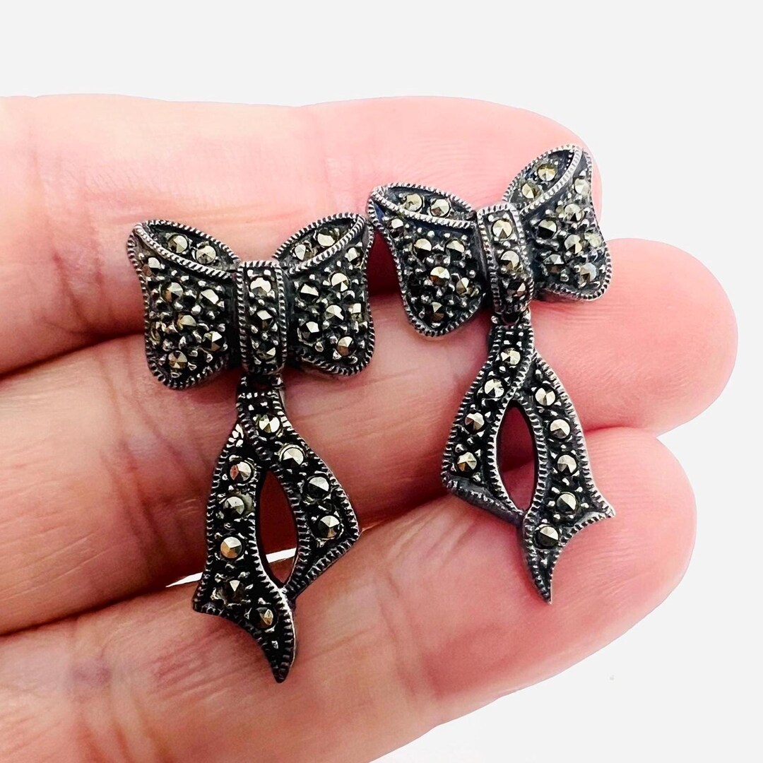 JUDITH JACK Sterling Silver Marcasite Bow Drop Dangle Earrings Gemstone ...