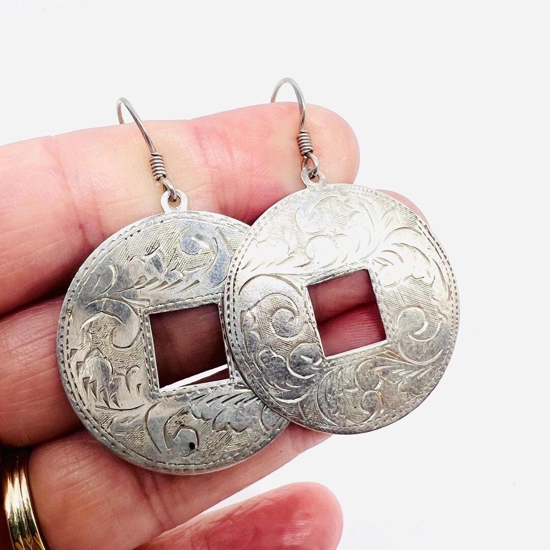 Large Sterling Silver Engraved Faux Coin Drop Dangle Earrings 7gm Fine ...
