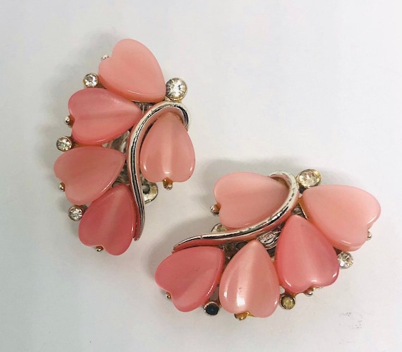 Signed LISNER Thermoset Lucite Earrings Pink Hearts R… - Gem