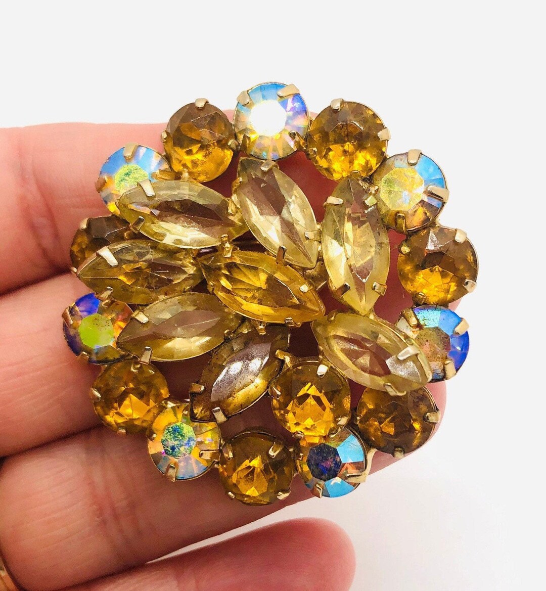 Beautiful Jonquil & Amber Rhinestone Brooch Layered Design Vintage ...