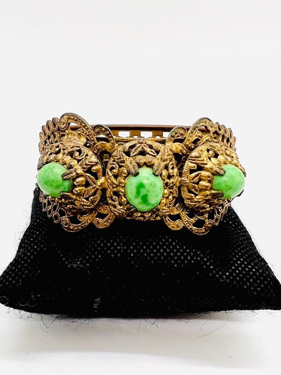 Wide Art Deco Ornate Filigree Mottled Green Cabochon … - Gem