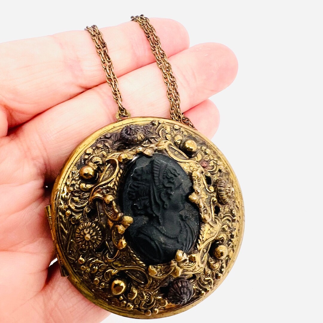 Enormous Victorian Revival Black Glass Cameo Locket Necklace Vintage ...