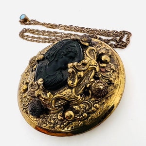 Enormous Victorian Revival Black Glass Cameo Locket Necklace Vintage ...