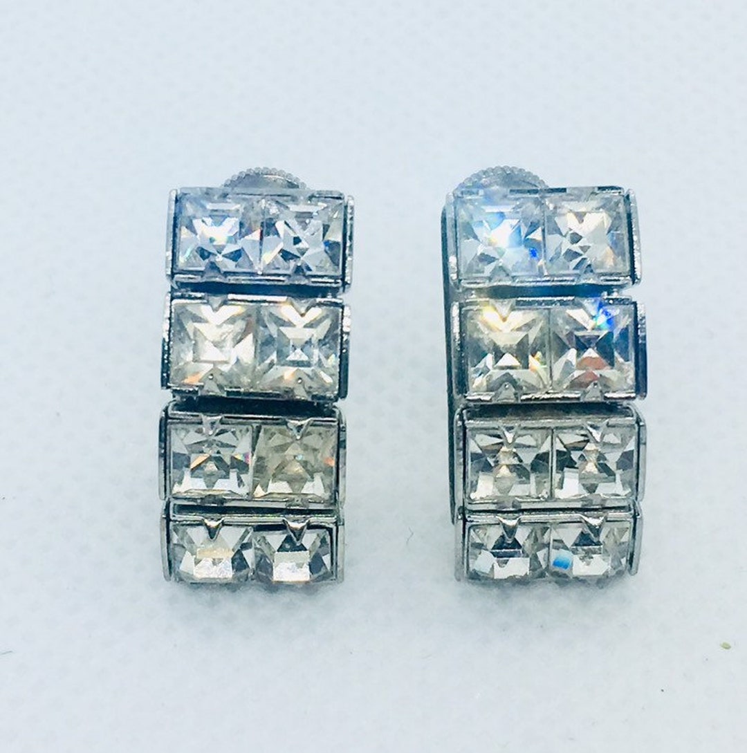 Gorgeous Channel Set Rhinestone Earrings Sparkling Square Cut Vintage ...