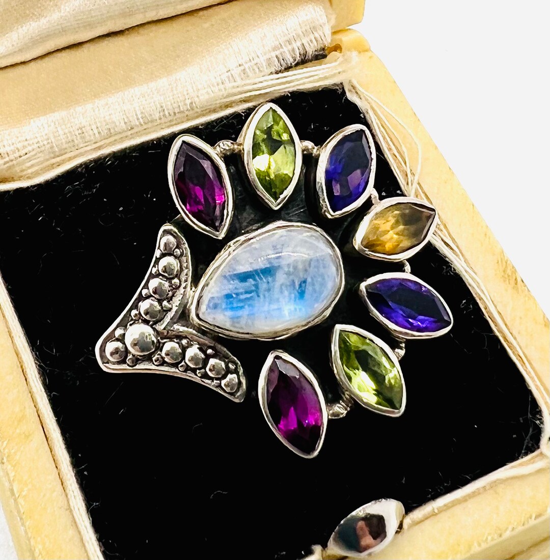 NICKY BUTLER Sterling Silver Moonstone & Multi Gemstone Ring 5.15gm Sz ...