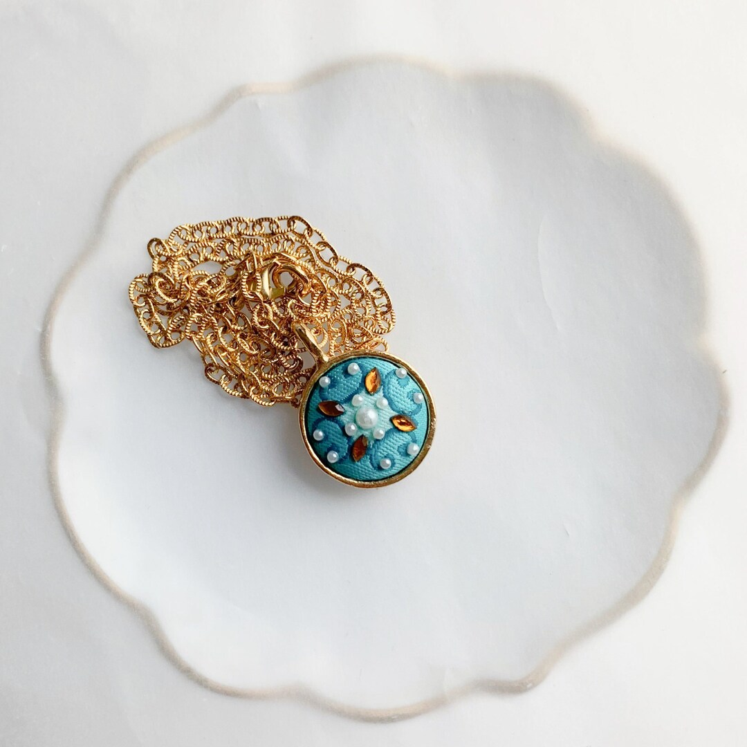 Teal Blue Embellished Fabric Button Charm Pendant Necklace - Etsy