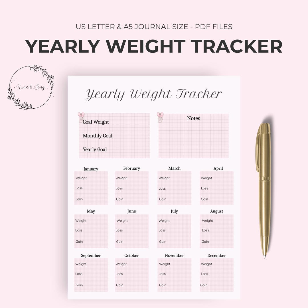 Yearly Weight Tracker Printable | Minimal One-page Wellness Chart ...
