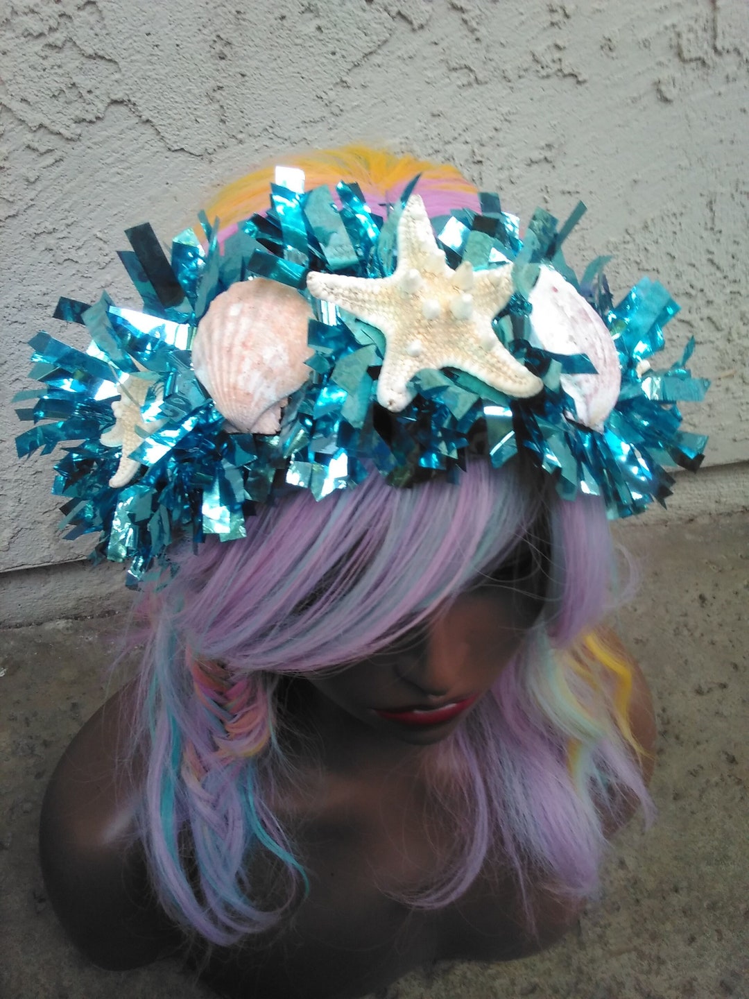 Sea Shell and Starfish Mermaid Crown Headband, Aqua Blue Tinsel, Siren ...