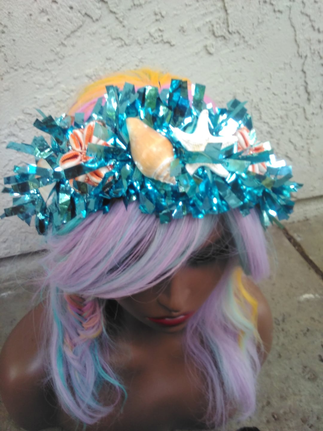 Sea Shell and Starfish Mermaid Crown Headband, Aqua Blue Tinsel, Siren ...
