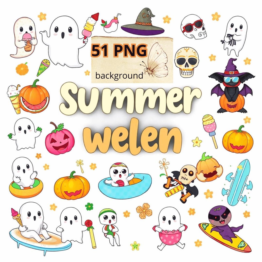 Summerween Clipart Bundle | Kawaii Halloween Beach Ghost PNG | Cute ...