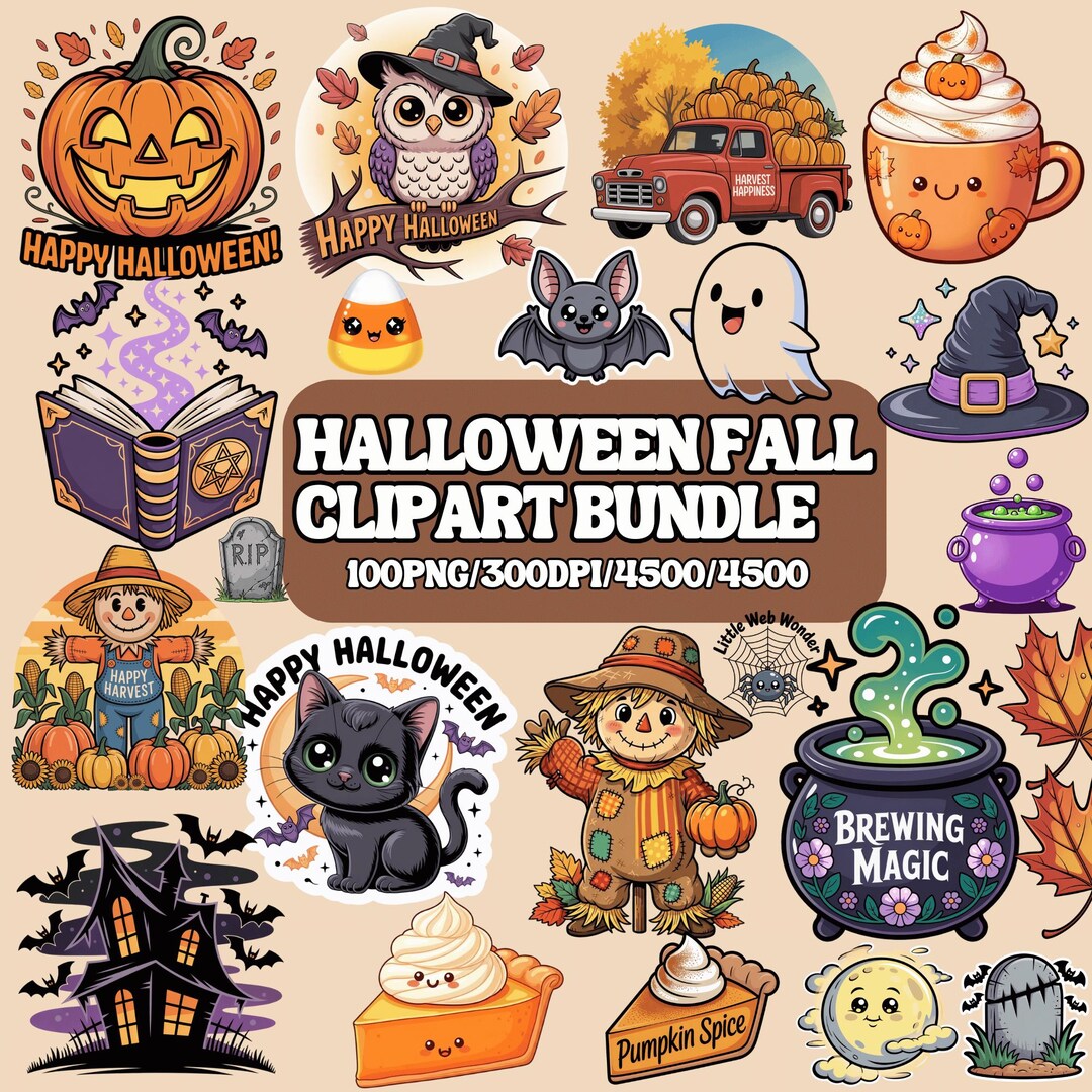 Halloween Fall Clipart Bundle | 100 PNG Cute Autumn Pumpkins Ghosts ...