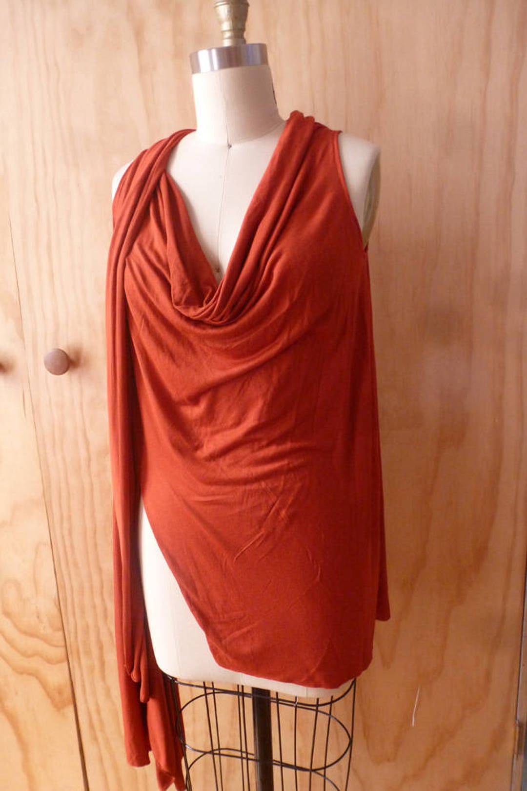 Rust Rayon Jersey Drape Top With Cowl Neck and Split Front - Etsy