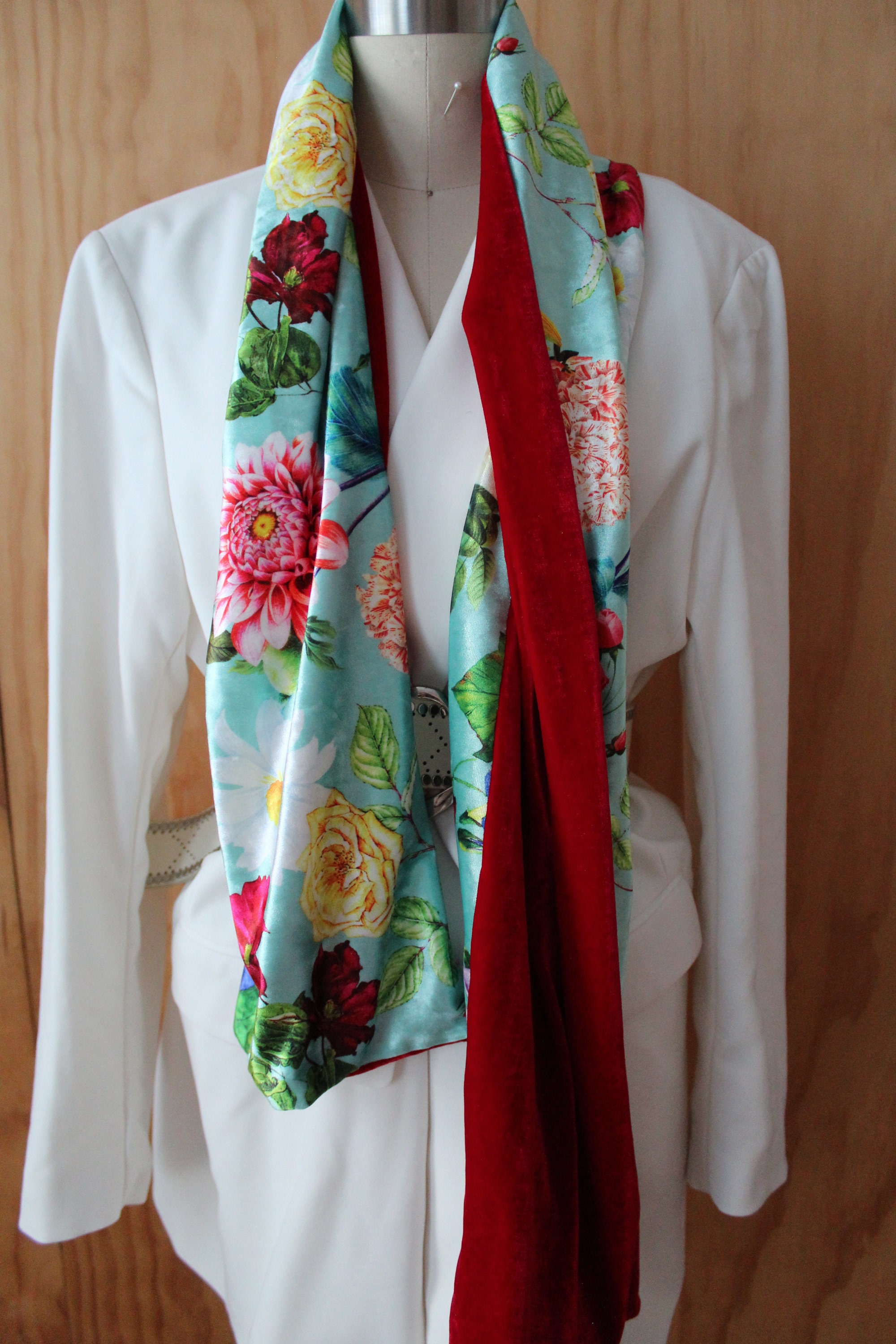 Floral Velvet Scarf, Two-tone Red Accent - Etsy
