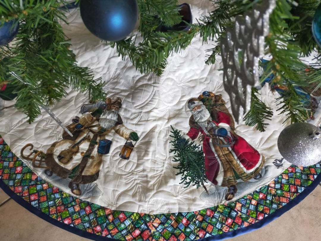 Quilted Christmas Tree Skirt, Blue Tree Skirt, Victorian Santa ...